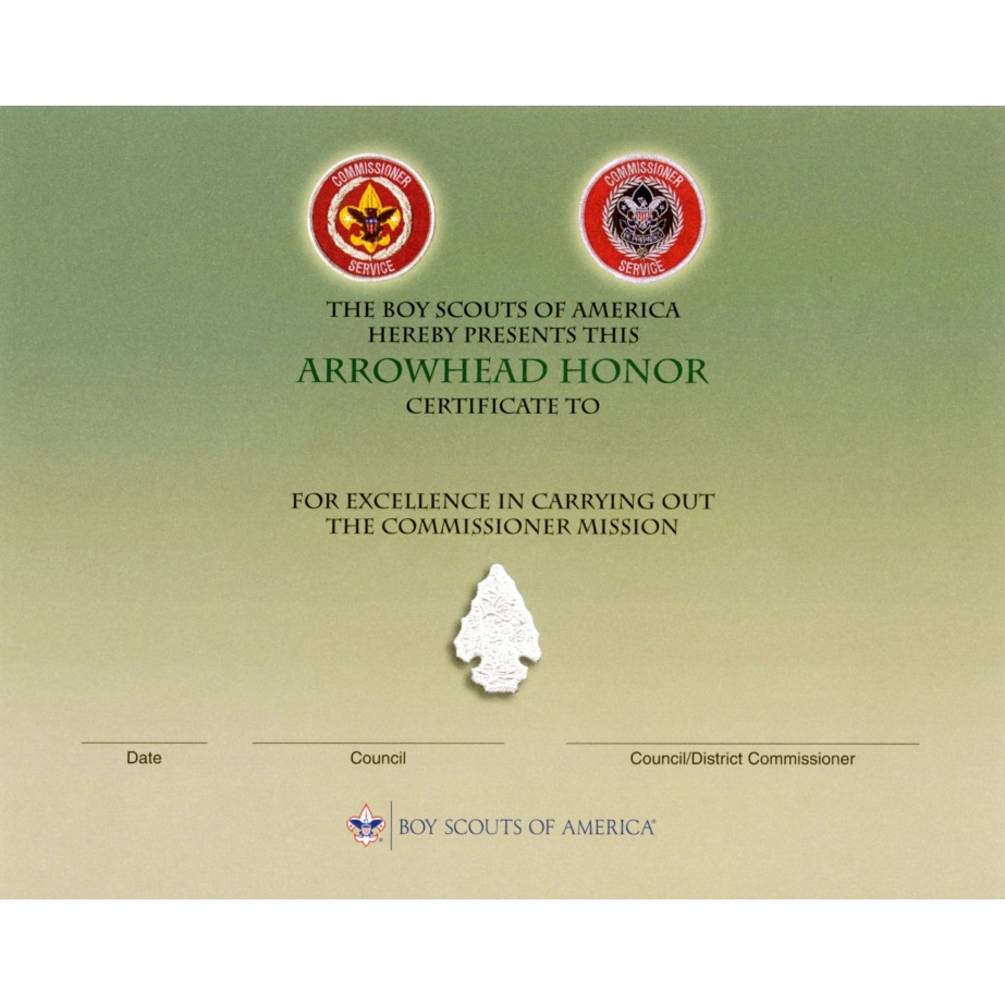 Commissioner Arrowhead Honor Certificate | Scouting America